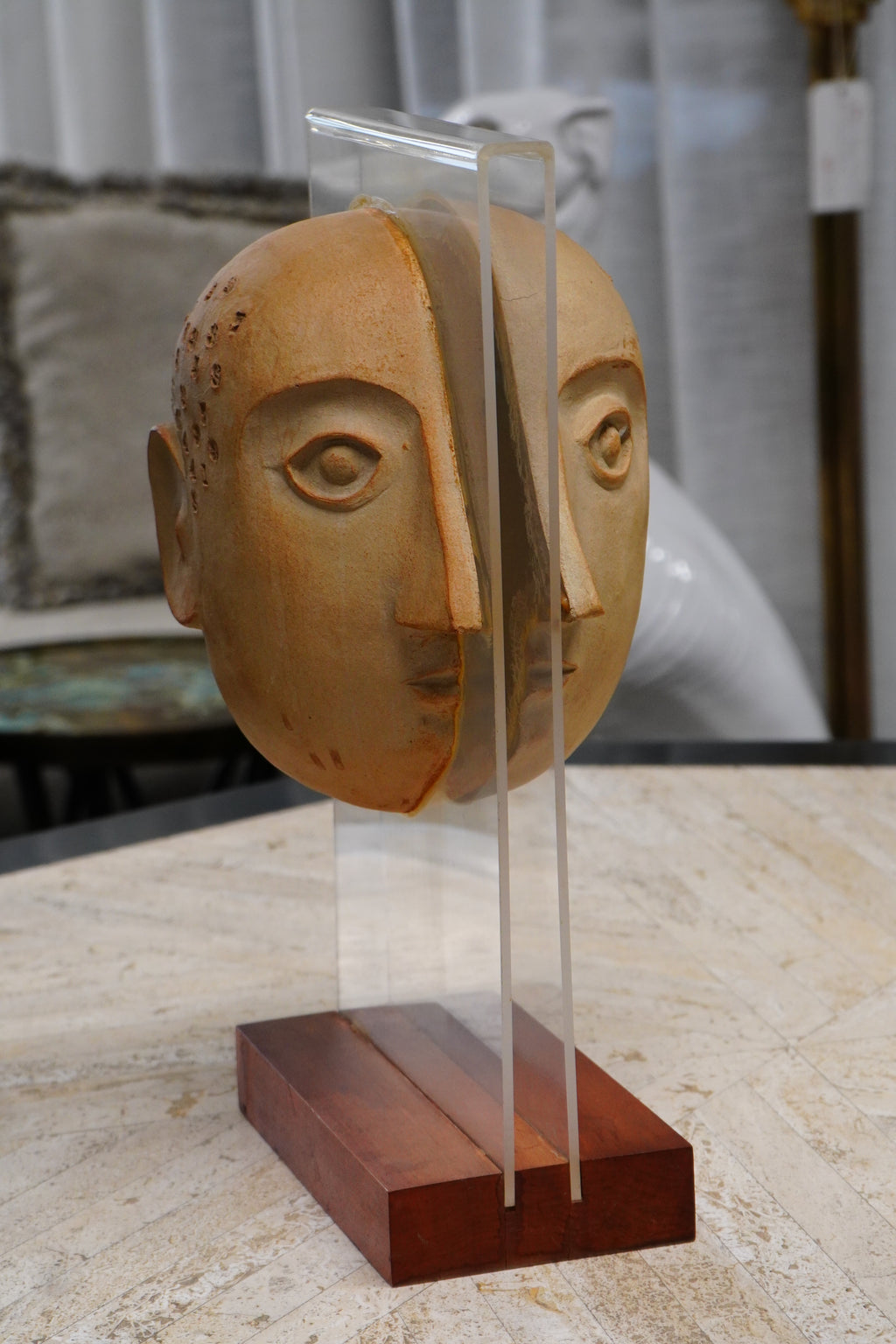 Mid-Century David Gil Split Head Stoneware Sculpture Mounted on Lucite ...